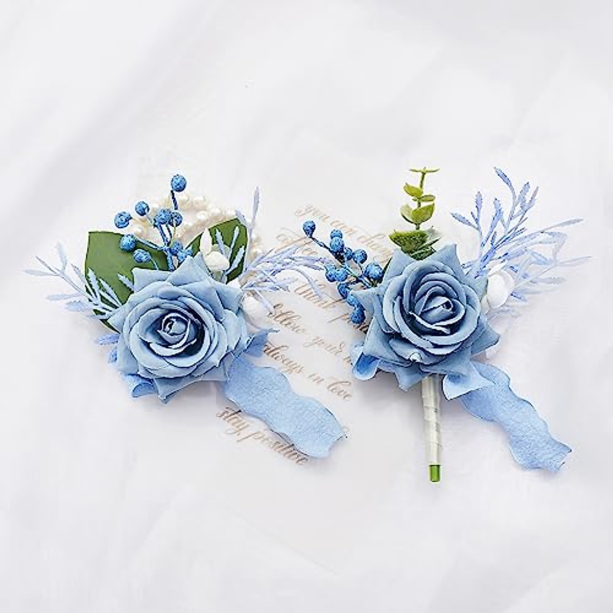AJOYEGG Wrist Corsage and Boutonniere Set: Corsage Wristlet Band Bracelet Flower and Men Boutonniere Rose Flower Set for Wedding Prom Suit Decoration(Dusty Blue)