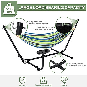 Garpans Double Hammock Adjustable Length 9-11ft, Portable Hammock Stand with Built-in Wheel, Heavy Duty Steel Up to 550lbs Weight Capacity with Carrying Bag for Outdoor Indoor Garden Yard Blue