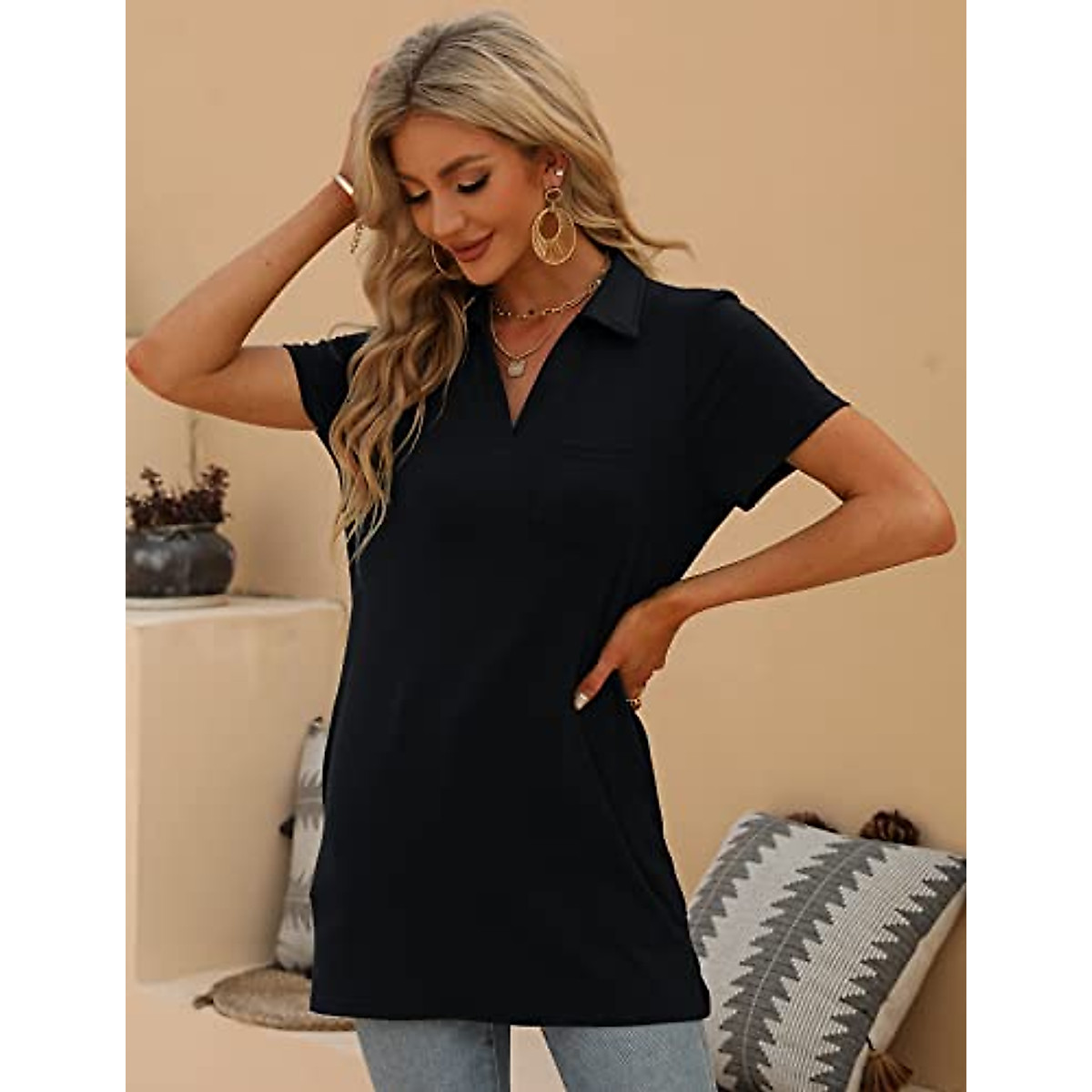 MATEAM Ladies Tops and Blouses V Neck Tops for Women Polo Shirts Womens Short Sleeve Tops Tunics Going Out Tops Black XXL