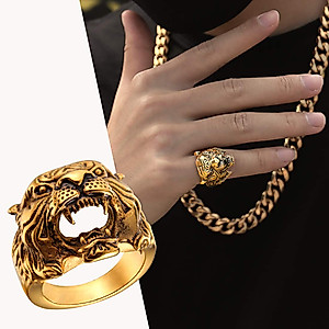 U7 Men's Punk Animal Signet Ring 18K Gold Plated Vintage Enamel Black Retro Tiger Head Ring -Size 13