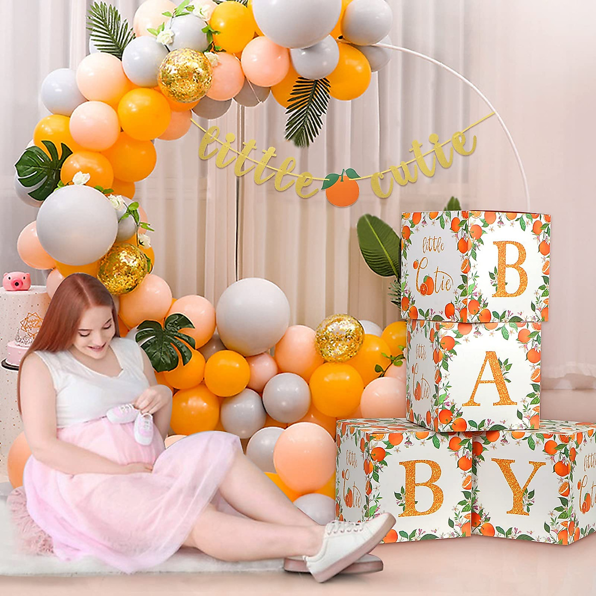 Little Cutie Baby Shower Decorations, Baby Boxes with Letters for Baby Shower, Baby Shower Banner Little Cutie Baby Balloon Boxes Baby Blocks for Orange Party Baby Shower Decor, Gender Revel