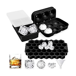 LuckJi Ice Cube Molds - Pack of 3 Ice Cube Trays Silicone Ice Cube Molds with Lid Funnel - Ice Ball Large Square Hexagonal Shapes Ice Maker Molds for Whiskey Reusable as Gift for Men House Bar