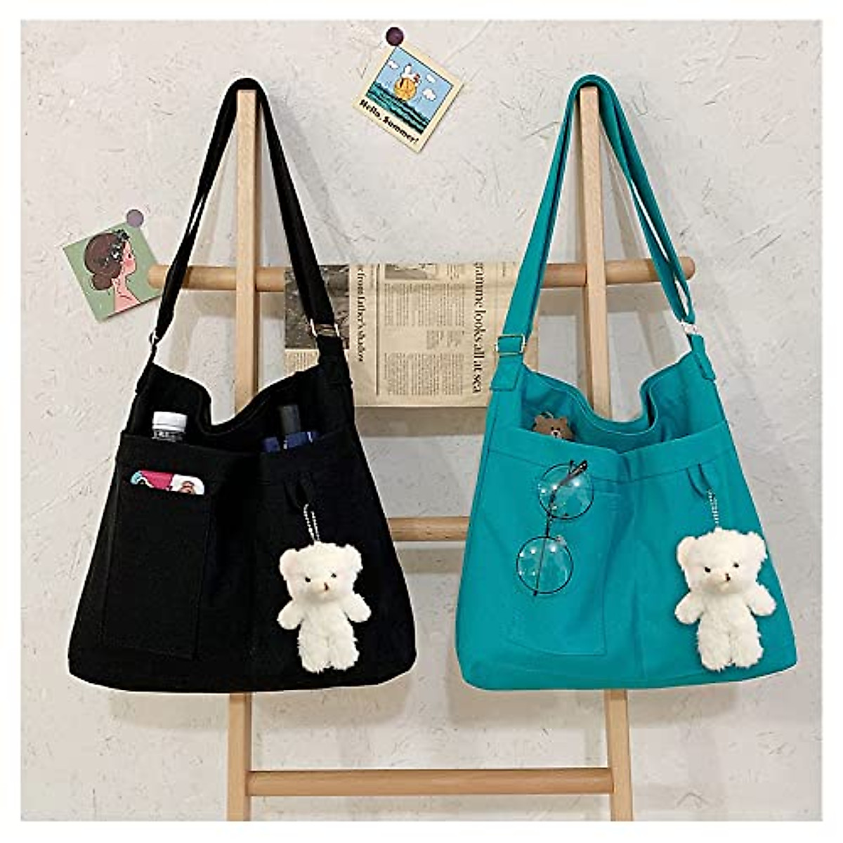 SPORTBANG Canvas Tote Bag for Women,Canvas Crossbody Cute Tote Bag Aesthetic Student Handbags Casual Shopping Work Travel Bag (Black#2, One Size)