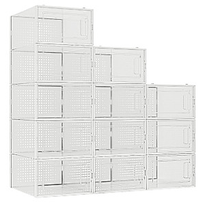 SESENO. 12 Pack Shoe Storage Boxes, Clear Plastic Stackable Shoe Organizer Bins, Drawer Type Front Opening Shoe Holder Containers