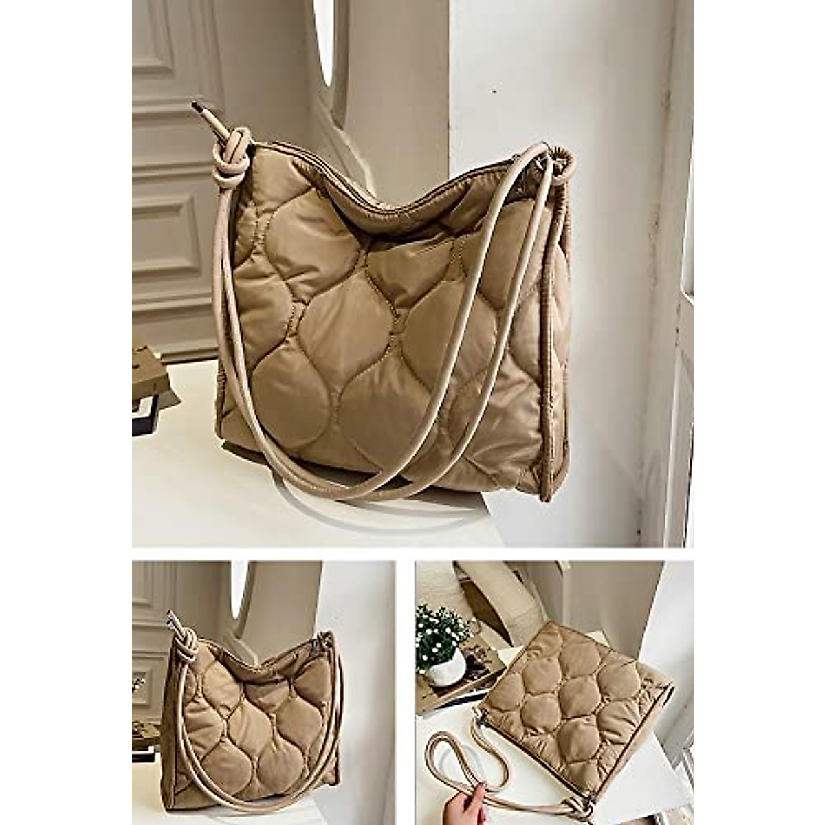 Large Quilted Tote Handbag Down Padding Top-Handle Bag Purse Slouchy Fashion Tote Bag for Women