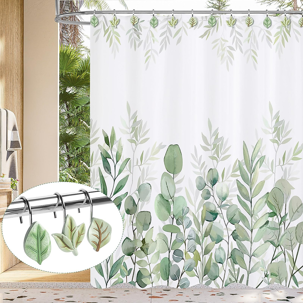 MitoVilla Plant Leaves Decorative Shower Curtain Hooks, Green Tropical Botanical Shower Hooks for Tree Leaf Shower Curtain & Liner, Rust Proof Eucalyptus Shower Curtain Rings, 12 PCS