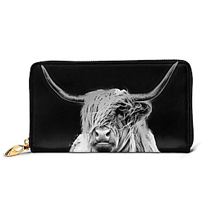 TGUBJGV Women's Clutch Black And White Highland Cow Zip Leather Wallet With Credit Card Holder Long Coin Purse
