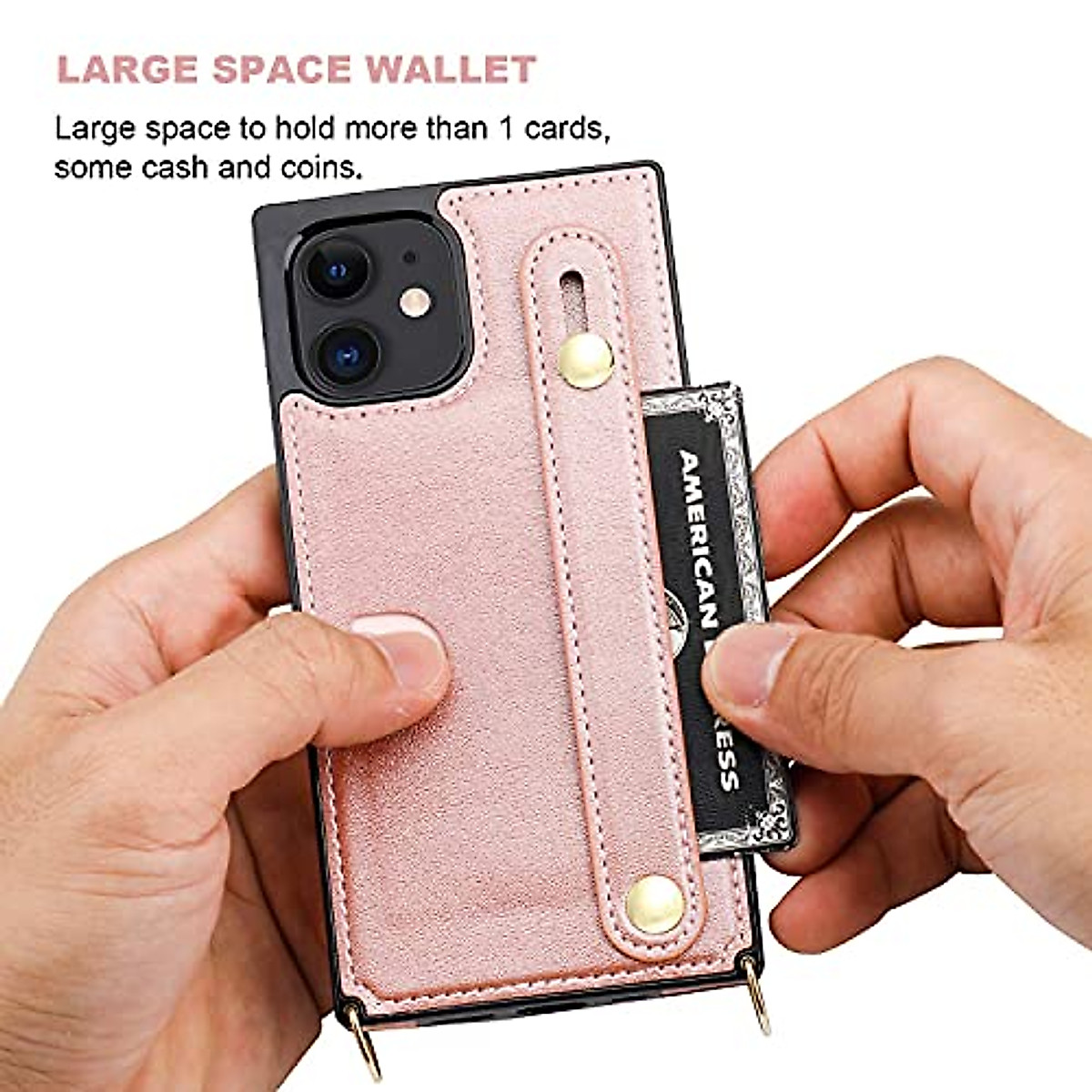 KIHUWEY Compatible with iPhone 12 iPhone 12 Pro Crossbody Wallet Case with Credit Card Holder, Protective Kickstand Cover Case 6.1 Ihch (Rose Gold)