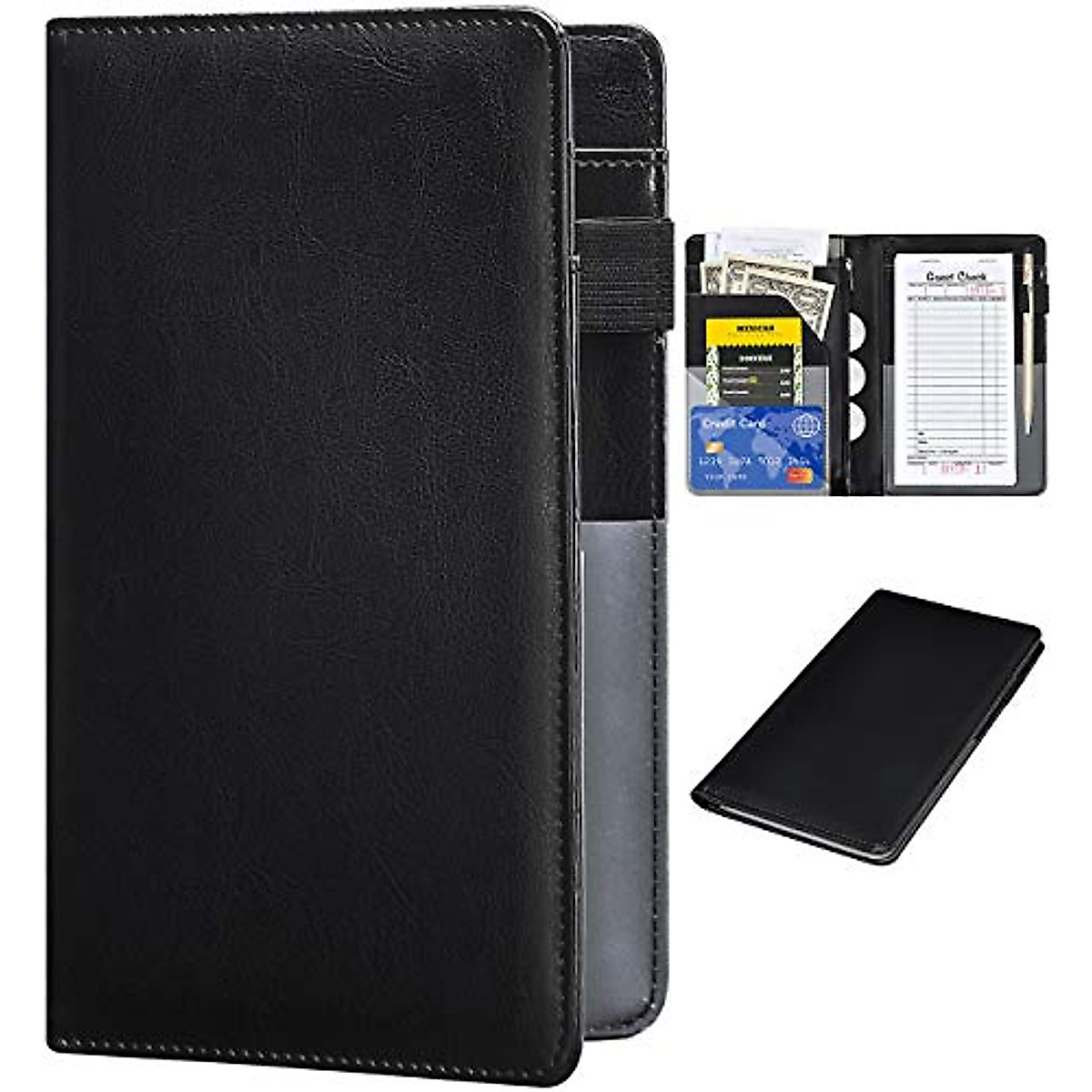 Server Books for Waitress - Leather Waiter Book Server Wallet with Zipper Pocket, Cute Waitress Book&Waitstaff Organizer with Money Pocket Fit Server Apron（Classic Black）