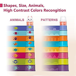 Baby Stacking Toys for Toddlers 1-3, Nesting Cups Shape Sorter for Infant 6 to 12-18 Months, Stackable Blocks Learning Toy with Rattle & Free Frog Bath Toy, Birthday Gifts for Kids 9-12 Month Girl Boy