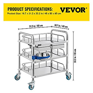 VEVOR Lab Cart 3 Layers Double Drawers Medical Cart with Wheels 1 Refuse Basin Stainless Steel Cart Service Cart for Laboratory, Hospital, Dental, Restaurant Hotel and Home Use (Large)