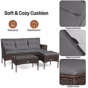 RELAX4LIFE 3 Pieces Patio Furniture Sectional Set, Rattan Wicker Conversation Set W/ 5 Cozy Seat & Back Cushions, Tempered Glass Coffee Table for Poolside, Balcony, Backyard Outdoor Furniture (Gray)