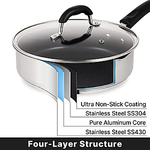 Qstar 3 qt. Stainless Steel Aluminum Nonstick Saute Deep Fry Pan with Lid and Pour Spout