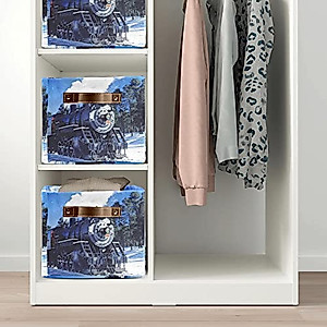 Personalized Snowy Day Train Storage Bin with Name Waterproof Canvas Organizer Bin with Handles for Gift Baskets Book Bag (1 Pack)