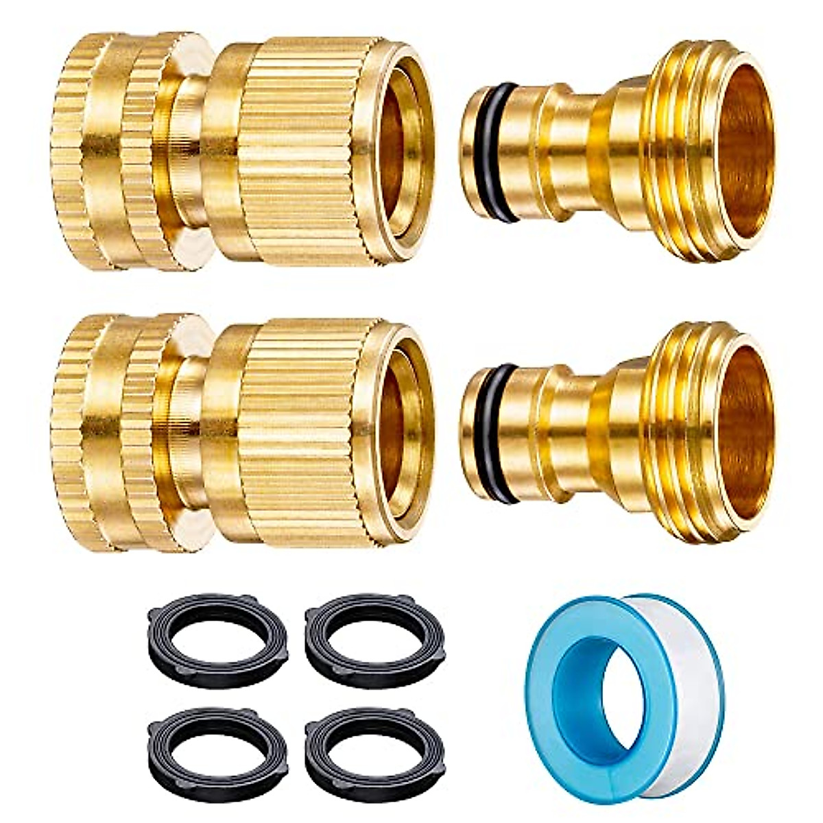 Gsinodrs Garden Hose Quick Connect Fittings, Brass Hose Quick Connectors, 3/4 Inch GHT Quick Connector Fittings, Leak Proof Water Hose Male Female Adapters, 2 Sets with 4 Rubber Gaskets