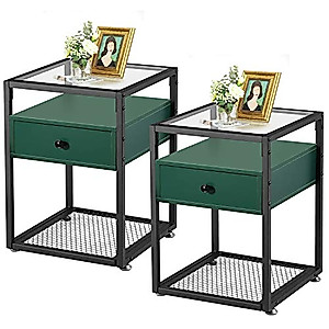 VECELO Glass Top Nightstands,End Tables with Drawer,Open Storage Shelf and Metal Frame,Set of 2 for Living Room,Bedroom,Lounge,Green, Surface