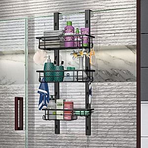 Spaclear Over The Door Shower Caddy, 3-Tier Adjustable Hanging Shower Shelves, Rustproof Stainless Steel with Hook Bathroom Organizer with Soap Holder for Inside Bathroom & Kitchen Storage, Black