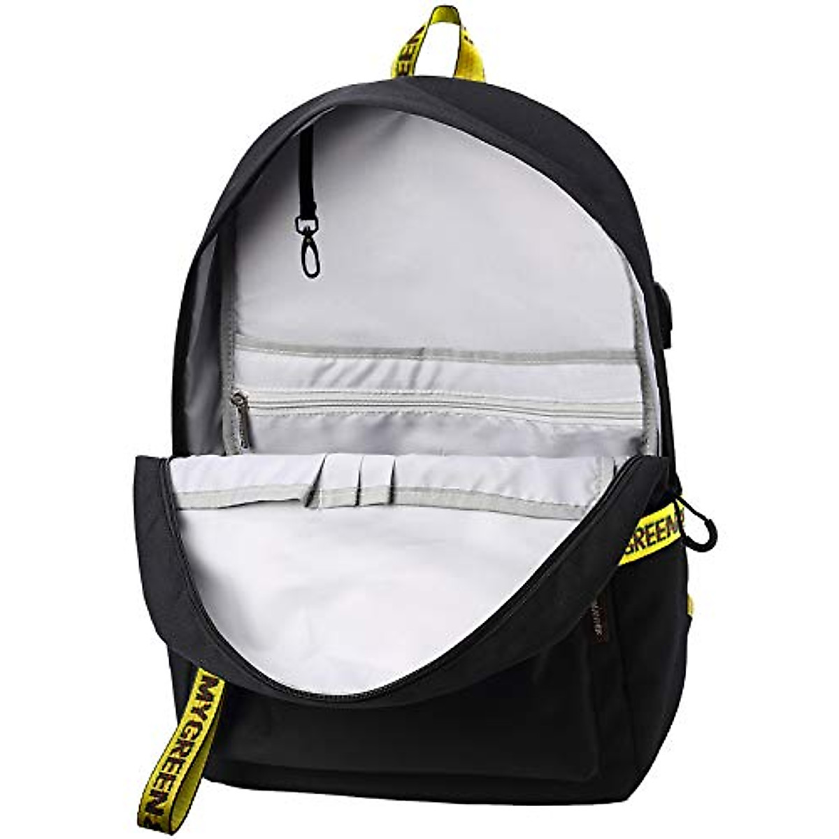 El-fmly Fashion Backpack with USB Charging Port for Travel, Lightweight School Bookbags with Cool Letters Strap for Teenage Girls & Women (Black+Grey)