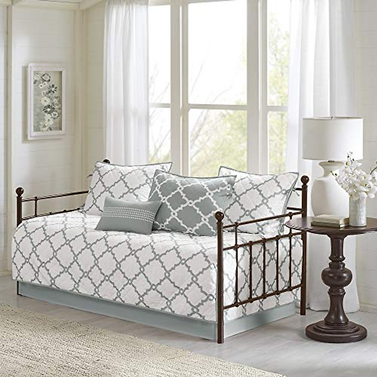 Madison Park Essentials Merritt Reversible Daybed Cover-Fretwork Print, Diamond Quilting All Season Cozy Bedding with Bedskirt, Matching Shams, Decorative Pillow, 75"x39", Grey 6 Piece