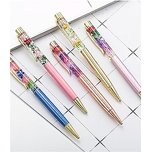 Gullor 5 Pieces Liquid Floral Ballpoint Pens for Gift, Fancy Metal Unique Flower Set for Desk Accessories, Rose gold