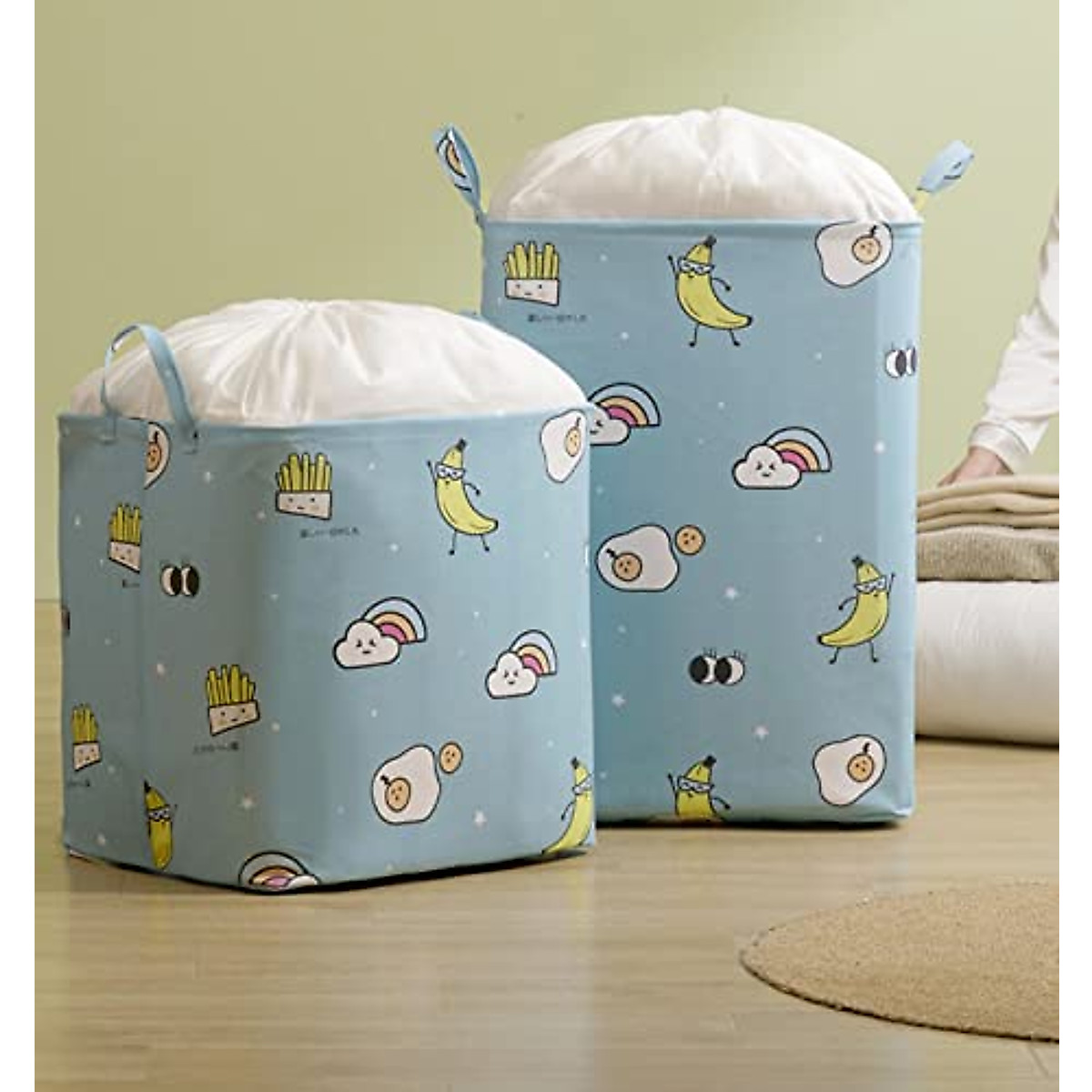 GOLDxsar Non-woven Large-Capacity Beam Drawstring Foldable Cleaning Thickened Quilt Clothing Toy Shoes Dry Cleaning Car Trunk Finishing Collection Storage Bag (Light-Blue)