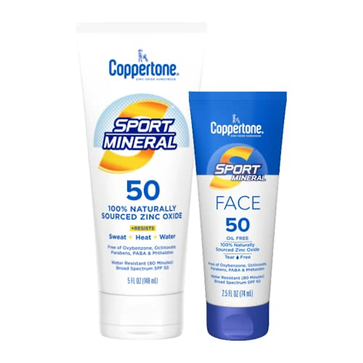 Coppertone Sport Mineral SPF 50 Zinc Oxide Mineral Sunscreen Multi Pack, Sport Mineral Body Sunscreen Lotion & Sport Mineral Face Sunscreen Lotion (5 fl. oz. + 2.5 fl. oz. Bundle)