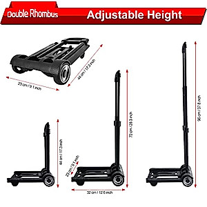 Double Rhombus Folding Hand Truck Lightweight Portable Cart, 110 lbs/50kg Capacity Heavy Duty Utility Cart with Telescoping Handle, 2 Rubber Wheels, Bungee Cord for Luggage, Shopping, Moving Daily Use