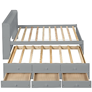 Harper & Bright Designs Twin Bed Frame with Bookcase Headboard, Wooden Twin Size Platform Bed with Trundle and 3 Storage Drawers,Twin Storage Bed for Kids Girls Boys,No Box Spring Needed,Grey