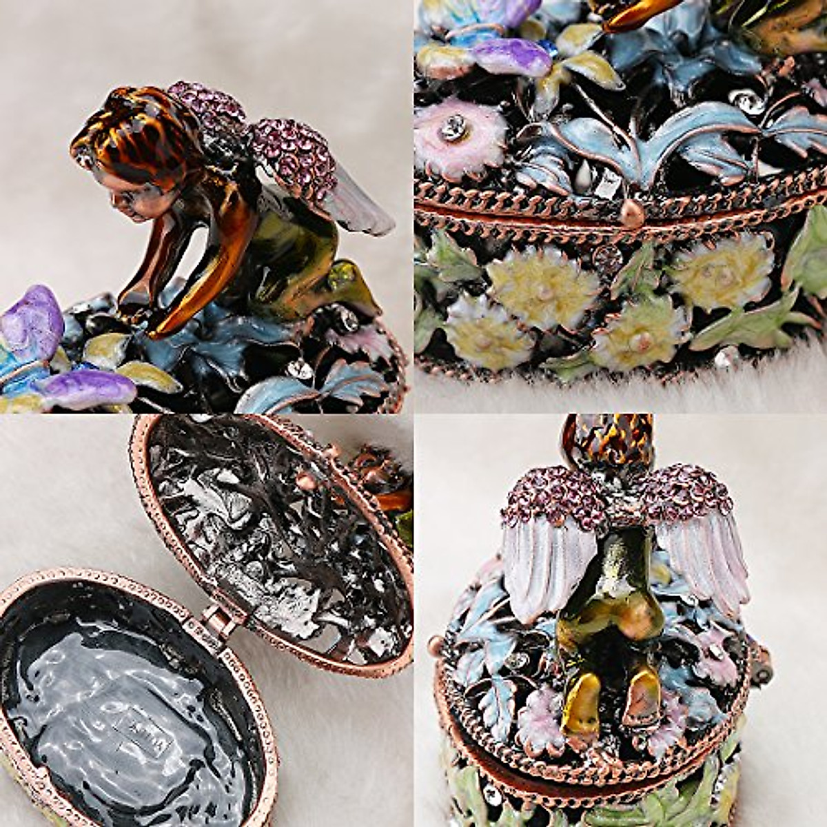 YU FENG Vintage Angel Flower Trinket Boxes Hinged Crystal Jeweled Collectible Jewerly Display Ring Holder Box