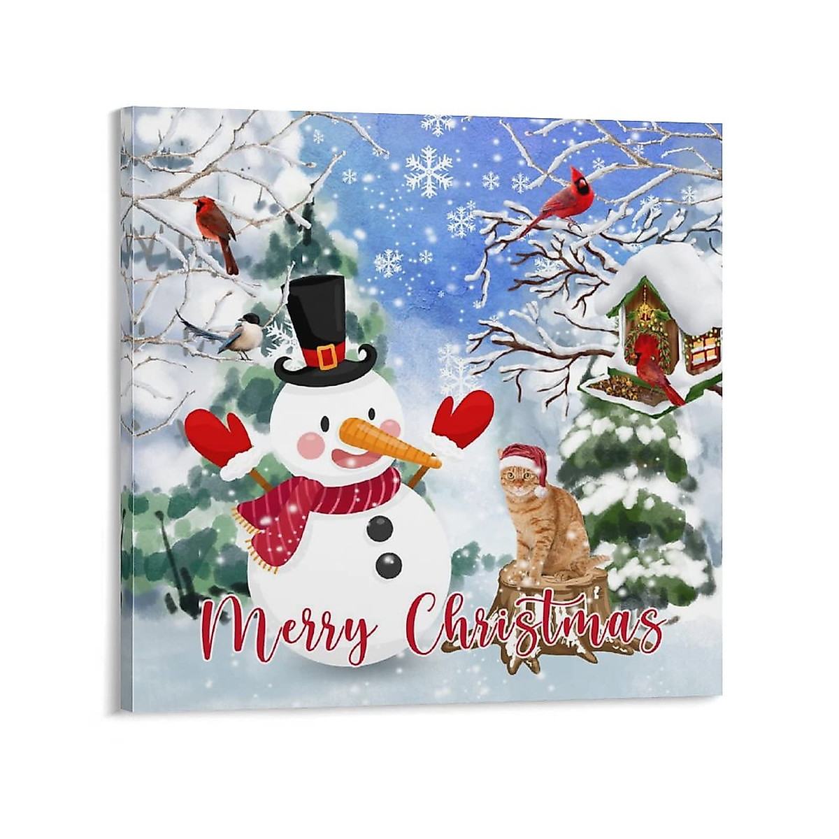 Snowman And Pet Cat Let It Snow Canvas Wall Art for Corridor, Christmas Decorations Modern Relax Prints Artwork Aisle Kitchen Bedroom Decor Waterproof, Ready to Hang 16x16 Inch