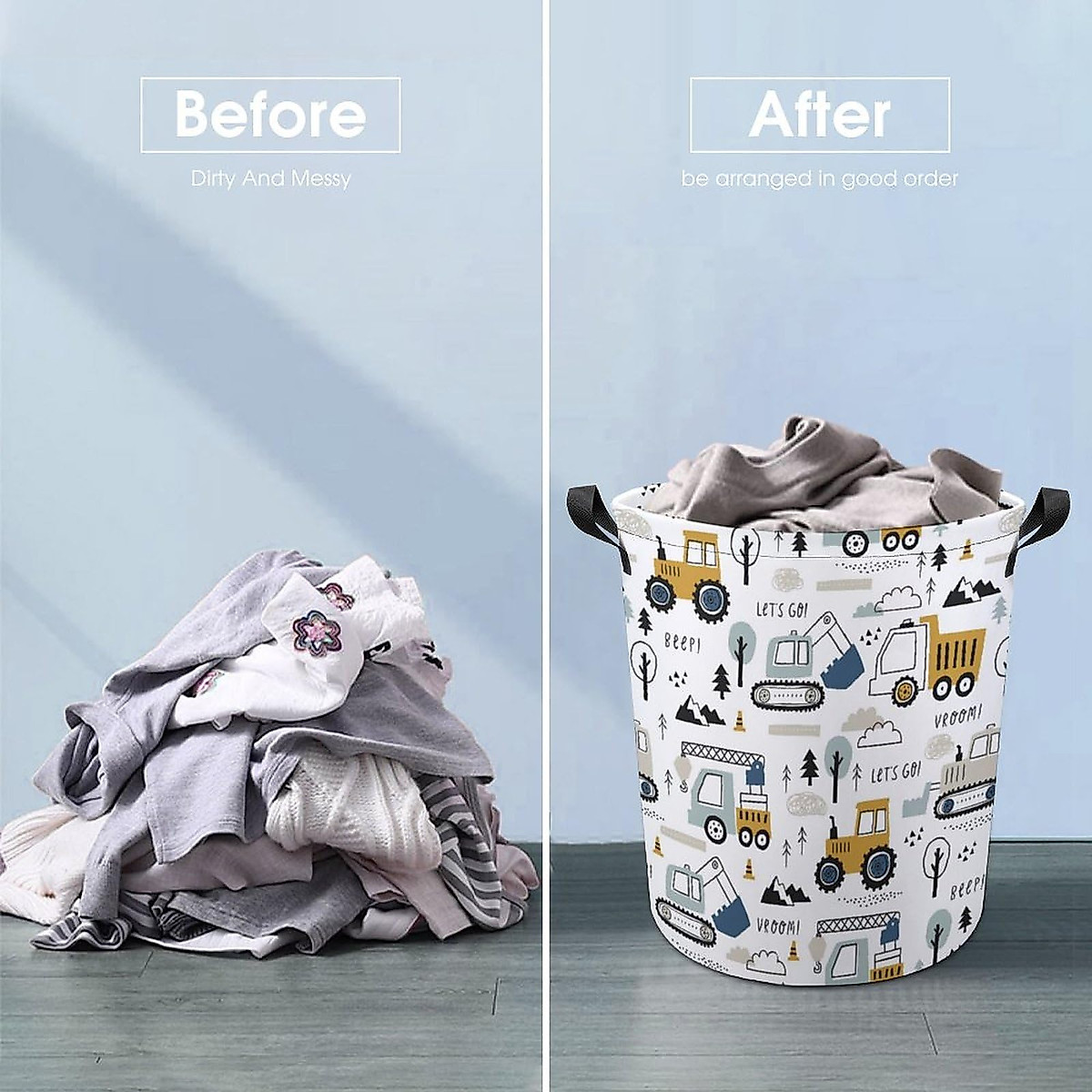 mchuang Boho Cartoon Truck Tractor Cargo Crane Cars Laundry Hamper,kids laundry Basket,Waterproof Storage Bin for Bedroom,Clothes Organizer Basket,Toys Box,Room Decor