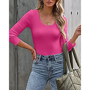 VICHYIE Fall Women's Square Neck Long Sleeve Shirts Scoop Ribbed Henley Tee Slim Fitted Casual Basic Tshirts Top Blouses Hot Pink L