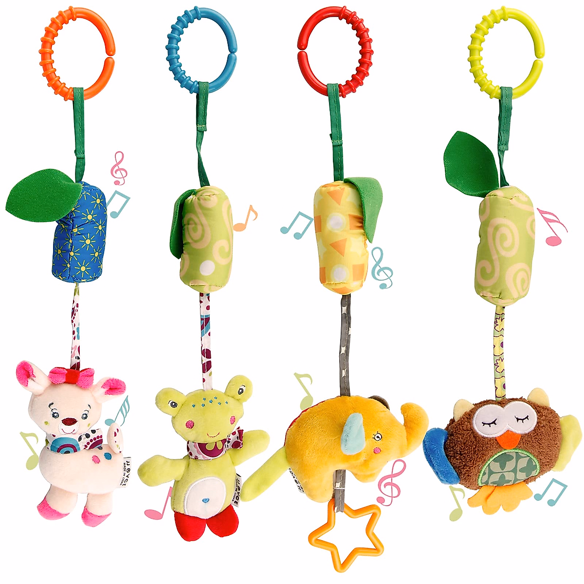 4 Packs Baby Stroller Toys Car Seat Hanging Bell for Boys Girls,Adorable Animal Infant Play Music Crib Toy Carseat Rattles Educational Toys,Kids Hand Bell Puppet with Cute Wind Chime and Squeak