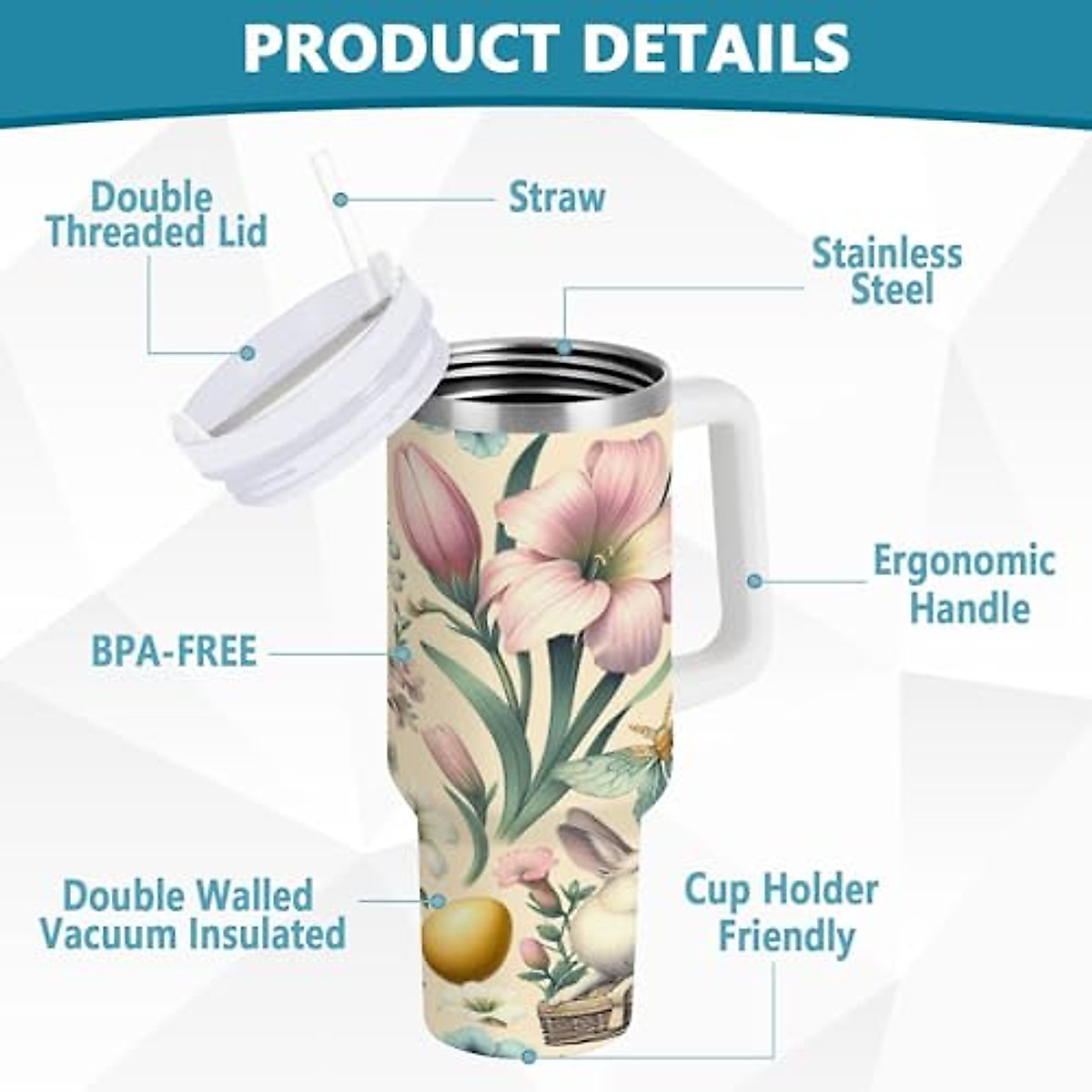 Jihqo Easter Day Floral and Eggs 40 oz Stainless Steel Vacuum Insulated Tumbler with Handle and Straw Lid, Leakproof Water Bottle Double Wall Travel Mug Coffee Cup, Cupholder Friendly