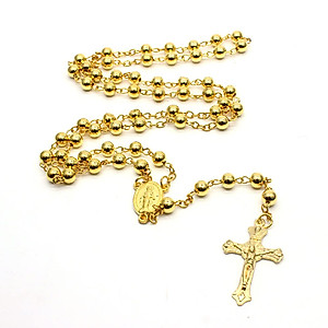 Surakey Catholic Pearl Beads Rosary Necklace Metal Beaded Miraculous Medal & Cross Rosary Copper Necklace Pendent Christians Religious Communion Baptism Mass Bible for Women (Gold)