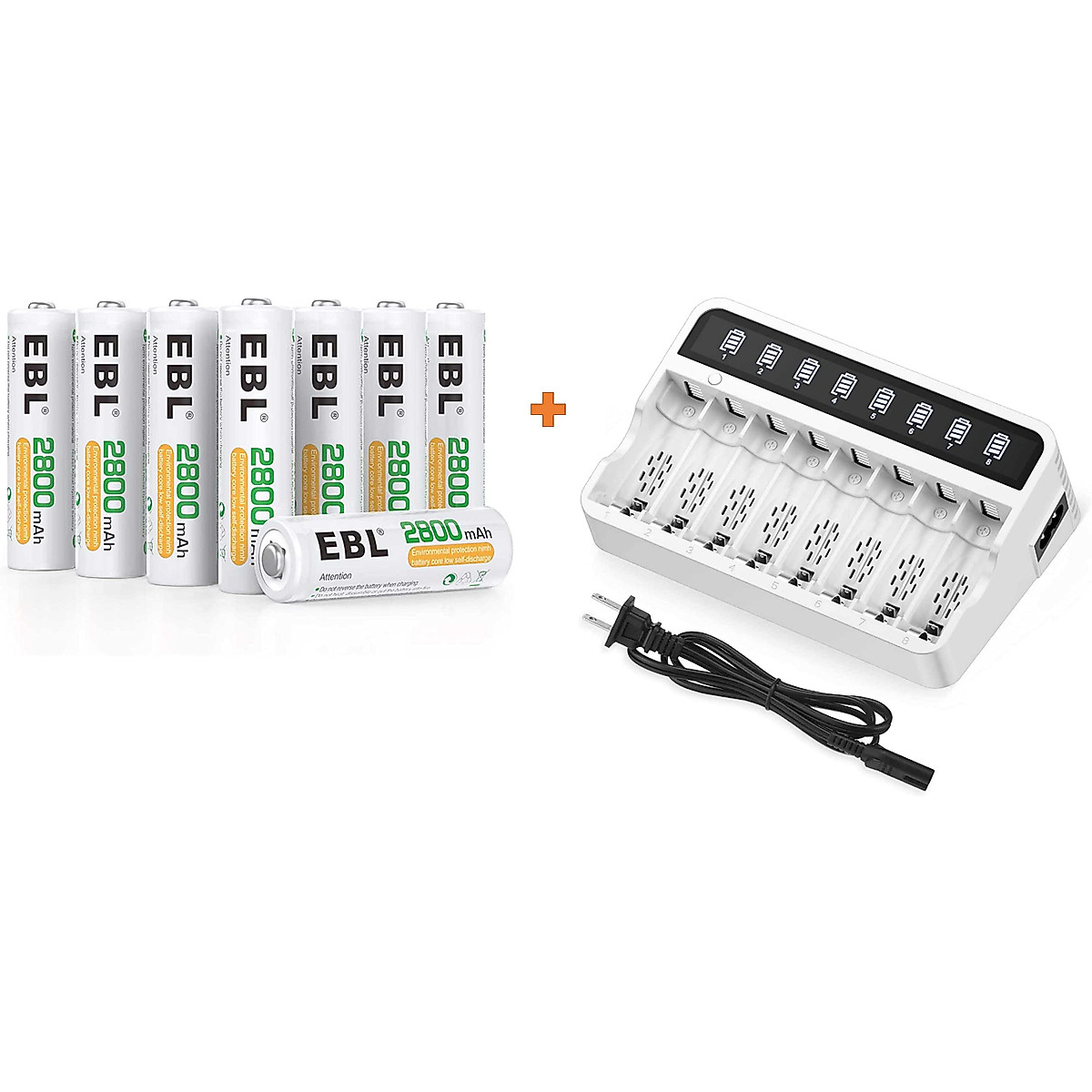 EBL 16 Counts AA Batteries 2800mAh 1.2V High Performance Ni-MH AA Rechargeable Battery & 8 Bay Individual Battery Charger with Discharge Function