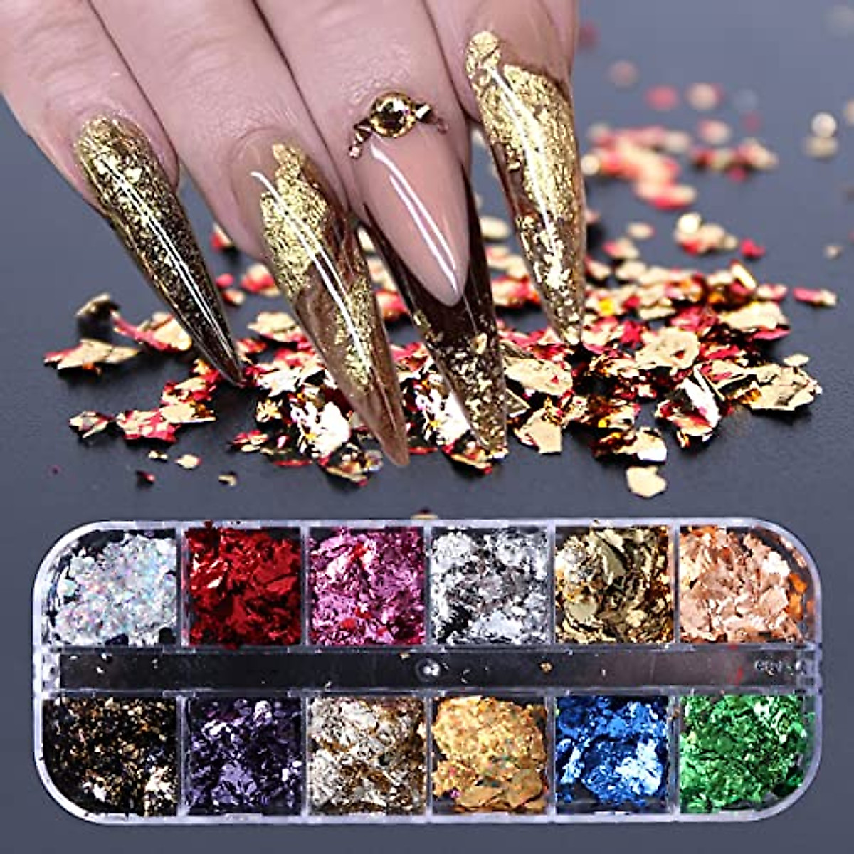 12 Grids Gold Nail Art Foils Flakes Holographic Nail Glitter Sequins Gold Silver Laser Shiny Design Confetti Nail Foil Flakes for Acrylic Nail Charms Decorations Women DIY Nails Art Supplies