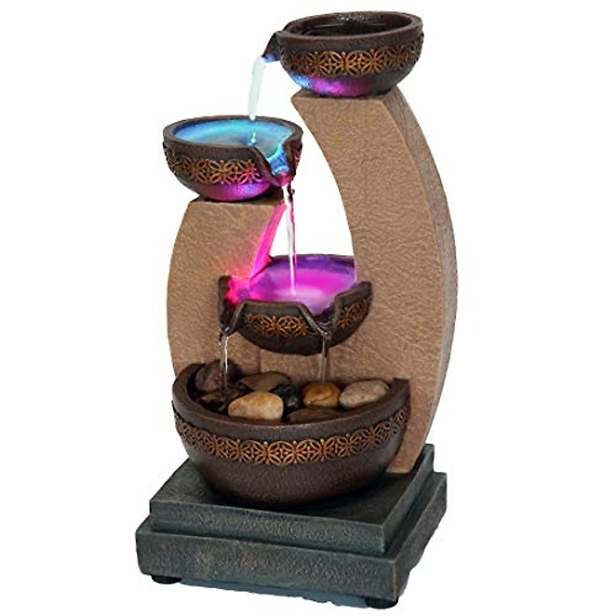 11" H Golden Tiered Bowl Fountain with Color Changing LED Lights with Adapter Brown