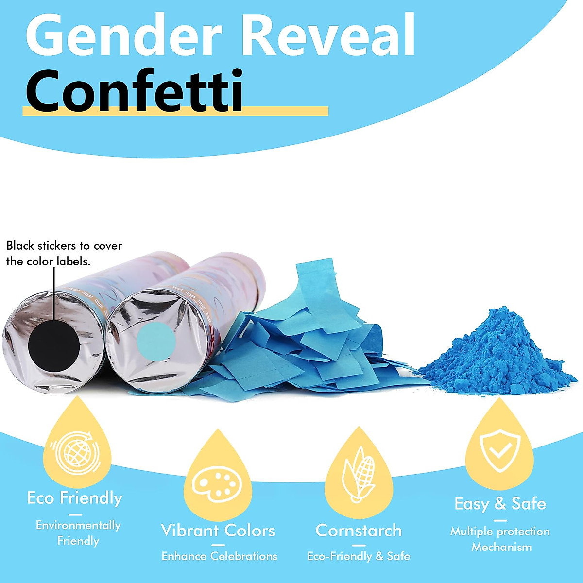 Previvo Gender Reveal Confetti Powder Cannon - 2 Pack Blue Baby Gender Reveal Poppers - 100% Biodegradable Powder Smoke - Ideas Party