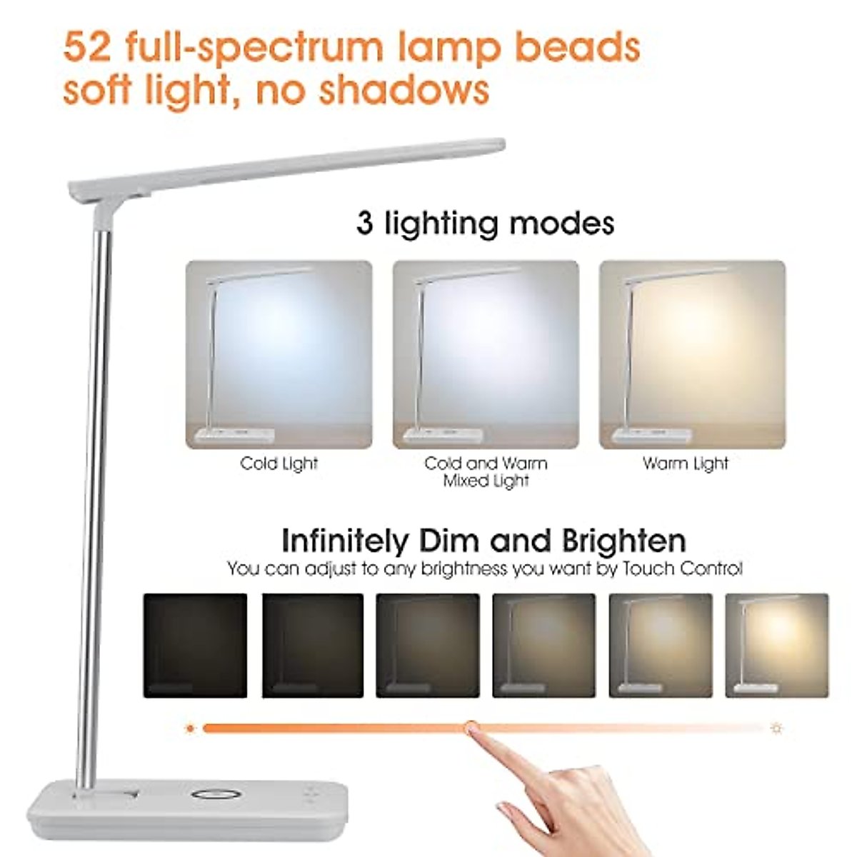 SUNNEST LED Desk Lamp, Adjustable Desk Light with Wireless Charger, USB Charging Port, 3 Color Modes Desk Light for Home Offic, Touch Control Infinitely Dim and Brighten