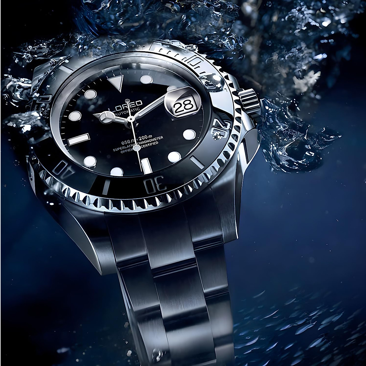 LOREO Luxury Automatic Watch for Men Sapphire Crystals Black Rotating Bezel Luminous Markers and Hands Date 316L Stainless Steel Case and Bnad Waterproof Watch