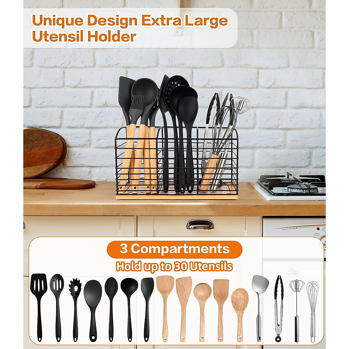 PrimZooty Large Utensil Holder for Kitchen Counter - 11.8"x 6.7"x 4.7", 3 Compartments Aesthetic Design, Kitchen Utensil Holder Utensil Organizer (Metal+Bamboo)