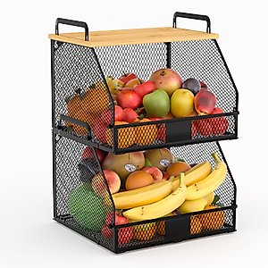 PUPPYCUTE Stackable Wire Basket with Bamboo Top, Wall Mounted Kitchen Counter Pantry Organization and Storage, Cabinet Countertop Space Saving Organizing Produce Fruit Onion Potato Organizer Bin 2 Set