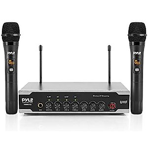 Pyle Portable Uhf Wireless Microphone System - Battery Operated Dual Bluetooth Cordless Microphone Set, Includes 2 Handheld Transmitter mic, Receiver Base, Aux, RCA, for PA Karaoke DJ Party -PDWM2125