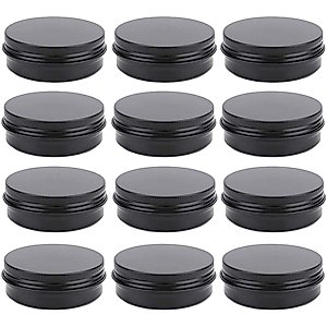 12 Pack 2 oz Aluminum Tin Jar 60 ml Round Refillable Containers,Black Aluminum Cosmetic Sample Containers with Screw Lid for Spice,Salve,Powder or Candies