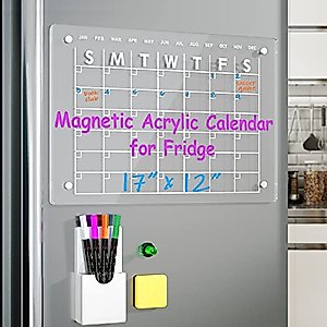Magnetic Acrylic Calendar for Fridge 17"x12" Clear Dry Erase Calendar Board for Refrigerator Includes 4 Dry Erase Markers and Eraser