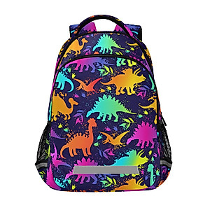 JHKKU Kids Backpack for Boys Girls Bookbags Colorful Neon Dinosaurs School Backpack Elementary Bags Travel Daypack Lightweight Waterproof with Reflective Strip