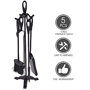 Tangkula Fireplace Set 5 Piece Rustic Heavy Duty Compact Wrought Iron Fire Place Tool Set with Pedestal Place, Hearth Tool, 25.5"