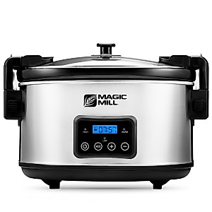 Magic Mill 8.5 Quart Extra Large Programmable Slow Cooker with Digital Adjustable 20 Hour Timer, 3 Cooking Settings, Brushed Stainless Steel, With Intelligent Lid Lock