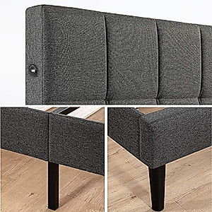 ZINUS Lottie Upholstered Platform Bed Frame with Short Headboard and USB Ports / Mattress Foundation / Wood Slat Support / No Box Spring Needed / Easy Assembly, Grey, Queen